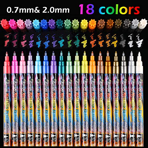 18 Colors Metallic Marker Pens, 0.7 mm Extra Fine Point Paint Pen, Metallic Painting Pens, Metallic Permanent Markers for Cards Writing Signature Lettering