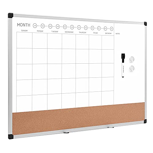 Amazon Basics Monthly Calendar Whiteboard Dry Erase and Cork Board, Silver Aluminium Frame, 24 x 36 Inches