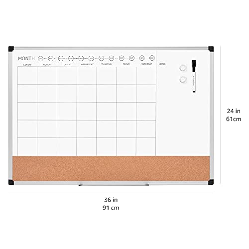 Amazon Basics Monthly Calendar Whiteboard Dry Erase and Cork Board, Silver Aluminium Frame, 24 x 36 Inches