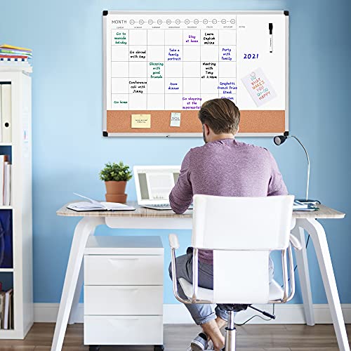 Amazon Basics Monthly Calendar Whiteboard Dry Erase and Cork Board, Silver Aluminium Frame, 24 x 36 Inches