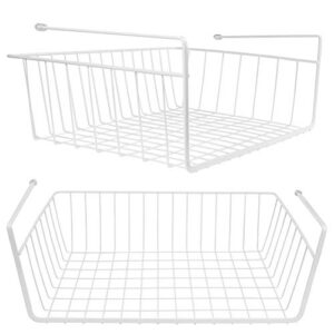 tebery 2 pack white under shelf wire basket hanging storage baskets, under cabinet add-on storage racks slide-in baskets organizer for kitchen pantry desk bookshelf