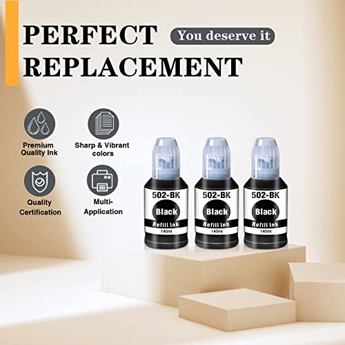 Clorisun 502 Pigment Refill Ink Bottles Replacement for Epson 502 T502 Use with Expression ET-2760 ET-2750 ET-3760 ET-4760 ET-3750 ET-4750 ET-3710 ET-15000 ET-3700 2700 Ecotank Printer (3 Black)