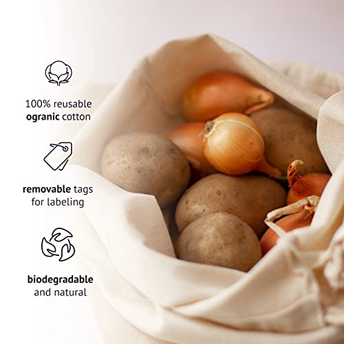 Cotton Storage Bags with Drawstrings X-Large 14x17 Multipurpose 6 Pcs - Canvas Fabric Bread Bags - Bulk Food Produce - Reusable Muslin bags - Natural Cotton Potato Onion Storage Bags - Shoe Bags by Leafico