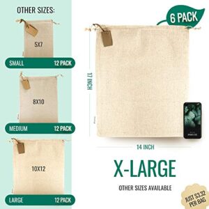 Cotton Storage Bags with Drawstrings X-Large 14x17 Multipurpose 6 Pcs - Canvas Fabric Bread Bags - Bulk Food Produce - Reusable Muslin bags - Natural Cotton Potato Onion Storage Bags - Shoe Bags by Leafico