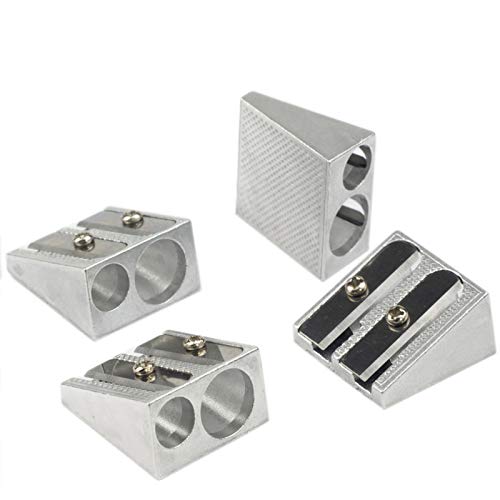 WEKOIL Pencil Sharpeners Manual Twin Metal Dual Sharpening Blade Double Holes Rectangular Pencil Sharpener for Colored Graphite Pencils Crayons Jumbo, Pack of 4,Silver