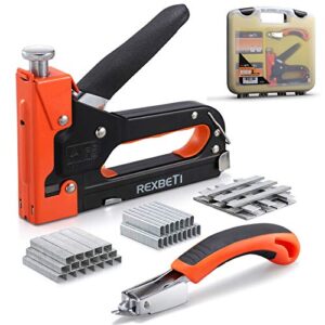 rexbeti staple gun, manual brad nailer power heavy duty 3 in 1 staple gun with 2600-piece staples for upholstery, fixing material, decoration, carpentry, furniture (staple gun+case+remover)