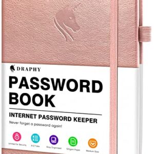 DRAPHY Password Book with Alphabetical Tabs. Medium Size Internet Password Keeper for Logins, and Web Addresses. Leatherette Hardcover Password Log Notebook & Organizer for Home and Office (Rose Gold)