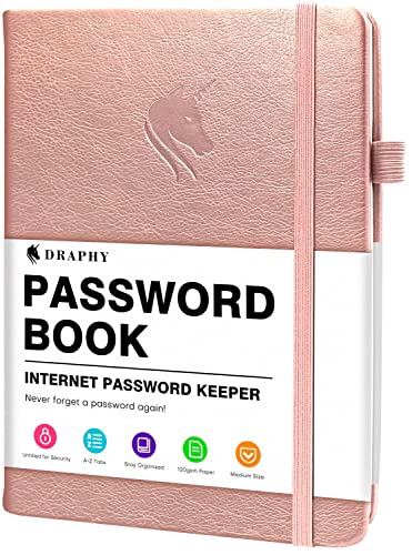 DRAPHY Password Book with Alphabetical Tabs. Medium Size Internet Password Keeper for Logins, and Web Addresses. Leatherette Hardcover Password Log Notebook & Organizer for Home and Office (Rose Gold)