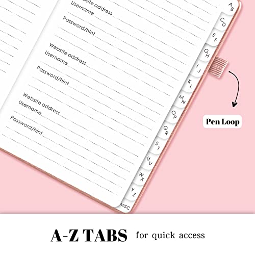 DRAPHY Password Book with Alphabetical Tabs. Medium Size Internet Password Keeper for Logins, and Web Addresses. Leatherette Hardcover Password Log Notebook & Organizer for Home and Office (Rose Gold)