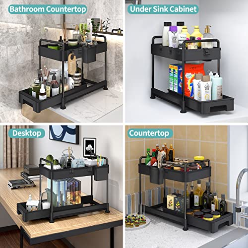 ZIZOTI 2 Pack Pull Out Under Sink Cabinet Organizer, Sliding Drawers 2 Tier Bathroom Storage Basket Organizer with Handles, Hooks, Hanging Cup, Dividers, Multi-use Kitchen Bath Office Organizer, Black