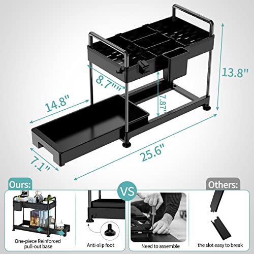 ZIZOTI 2 Pack Pull Out Under Sink Cabinet Organizer, Sliding Drawers 2 Tier Bathroom Storage Basket Organizer with Handles, Hooks, Hanging Cup, Dividers, Multi-use Kitchen Bath Office Organizer, Black