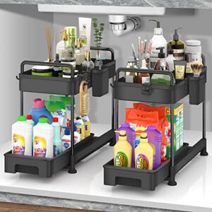 ZIZOTI 2 Pack Pull Out Under Sink Cabinet Organizer, Sliding Drawers 2 Tier Bathroom Storage Basket Organizer with Handles, Hooks, Hanging Cup, Dividers, Multi-use Kitchen Bath Office Organizer, Black