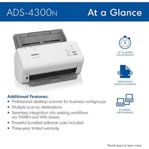 Brother ADS-4300N Professional Desktop Scanner with Fast Scan Speeds, Duplex, and Networking