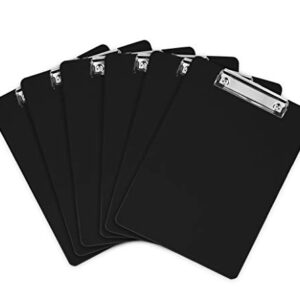 Black Plastic clipboards (Set of 6) Multipack - 12.5x9 Inch Black Clipboard with 100 Sheets Holding Capacity Low Profile Clip | Colored Acrylic Clip Boards in Bulk for Kids & Professionals