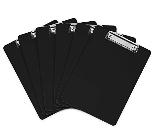 Black Plastic clipboards (Set of 6) Multipack - 12.5x9 Inch Black Clipboard with 100 Sheets Holding Capacity Low Profile Clip | Colored Acrylic Clip Boards in Bulk for Kids & Professionals