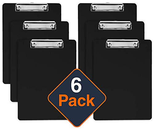 Black Plastic clipboards (Set of 6) Multipack - 12.5x9 Inch Black Clipboard with 100 Sheets Holding Capacity Low Profile Clip | Colored Acrylic Clip Boards in Bulk for Kids & Professionals