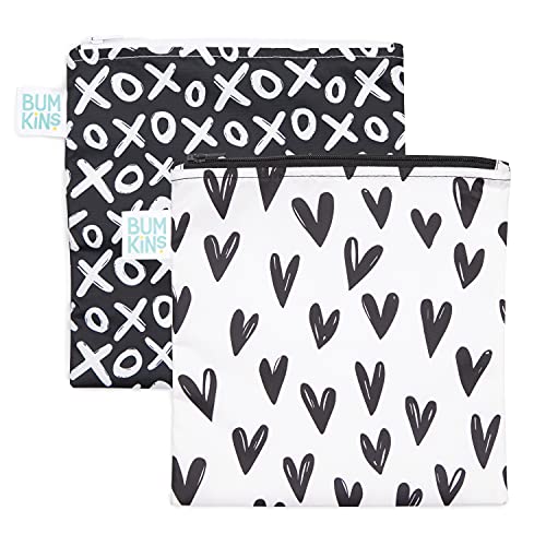 Bumkins Sandwich Bag / Snack Bag, Reusable Fabric, Washable, Food Safe, BPA Free, 7x7 - Hearts & XOXO (Pack of 2)