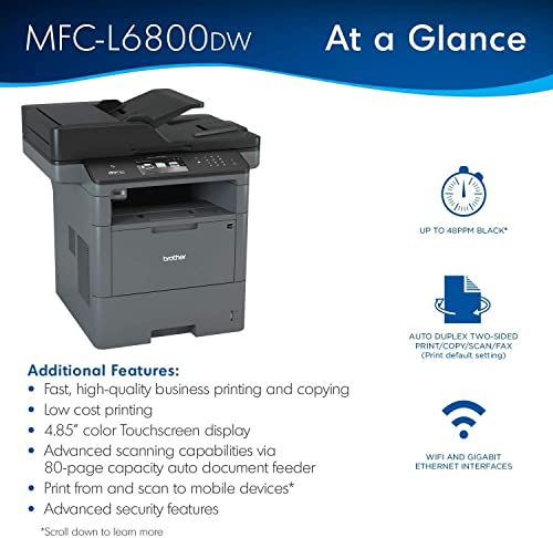 Brother MFC-L6800DW All-in-One Wireless NFC Monochrome Laser Printer for Office - Print Copy Scan Fax - 48 ppm, 1200x1200 dpi, 512MB Memory, Auto Duplex Printing, 80-Sheet ADF, CBMOUN Printer Cable