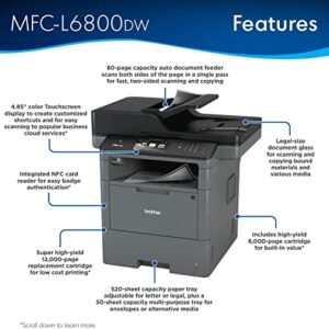 Brother MFC-L6800DW All-in-One Wireless NFC Monochrome Laser Printer for Office - Print Copy Scan Fax - 48 ppm, 1200x1200 dpi, 512MB Memory, Auto Duplex Printing, 80-Sheet ADF, CBMOUN Printer Cable