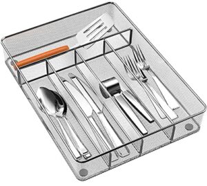 pipishell mesh cutlery tray 5 compartments silverware drawer organizer kitchen utensils flatware storage drawer dividers holder with no-slip foam feet for knives fork spoon and office supplies