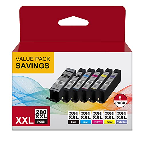 PGI-280XXL CLI-281XXL 6 Color Value Pack Replacement for Canon Ink 280 and 281 Cartridges to use with Canon TS9120 TS8220 TS8320 TS8120 TS9100 TS8222 Inkjet Pinter (5 Pack + Photo Blue)