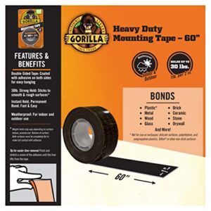 Gorilla - Heavy Duty Double Sided Mounting Tape, Weatherproof, 1" x 60", Black, (Pack of 2)