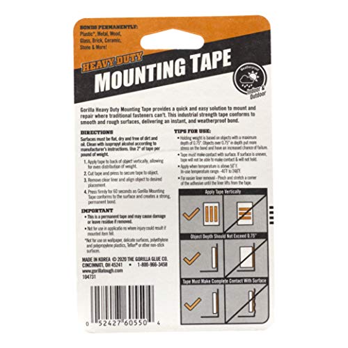 Gorilla - Heavy Duty Double Sided Mounting Tape, Weatherproof, 1" x 60", Black, (Pack of 2)