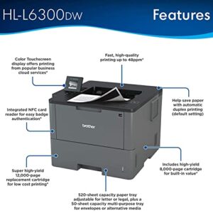 Brother HL-L6300DWB Wireless Single-Function Monochrome Laser Printer, Gray - Print only - 48 ppm, 1200 x 1200 dpi, 8.5 x 14, 256MB Memory, Auto Duplex Printing, 520 Sheet, Ethernet