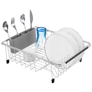 SANNO Expandable Dish Drying Rack Sink Dishes Drainer , Dish Rack with Utensil Silverware Storage Holder Over The Sink Adjustable Arms Dish Drying Drainer, in Sink or On Counter,Stainless Steel