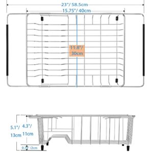 SANNO Expandable Dish Drying Rack Sink Dishes Drainer , Dish Rack with Utensil Silverware Storage Holder Over The Sink Adjustable Arms Dish Drying Drainer, in Sink or On Counter,Stainless Steel