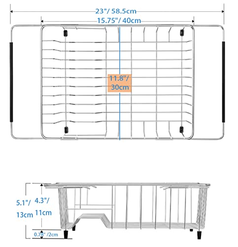 SANNO Expandable Dish Drying Rack Sink Dishes Drainer , Dish Rack with Utensil Silverware Storage Holder Over The Sink Adjustable Arms Dish Drying Drainer, in Sink or On Counter,Stainless Steel