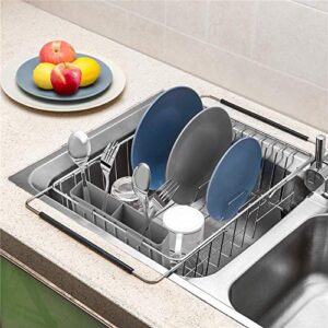 SANNO Expandable Dish Drying Rack Sink Dishes Drainer , Dish Rack with Utensil Silverware Storage Holder Over The Sink Adjustable Arms Dish Drying Drainer, in Sink or On Counter,Stainless Steel