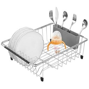 SANNO Expandable Dish Drying Rack Sink Dishes Drainer , Dish Rack with Utensil Silverware Storage Holder Over The Sink Adjustable Arms Dish Drying Drainer, in Sink or On Counter,Stainless Steel