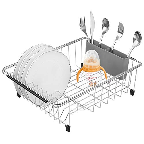 SANNO Expandable Dish Drying Rack Sink Dishes Drainer , Dish Rack with Utensil Silverware Storage Holder Over The Sink Adjustable Arms Dish Drying Drainer, in Sink or On Counter,Stainless Steel