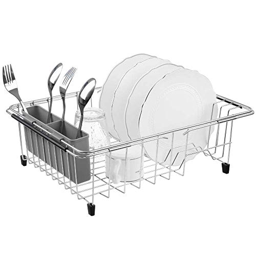 SANNO Expandable Dish Drying Rack Sink Dishes Drainer , Dish Rack with Utensil Silverware Storage Holder Over The Sink Adjustable Arms Dish Drying Drainer, in Sink or On Counter,Stainless Steel