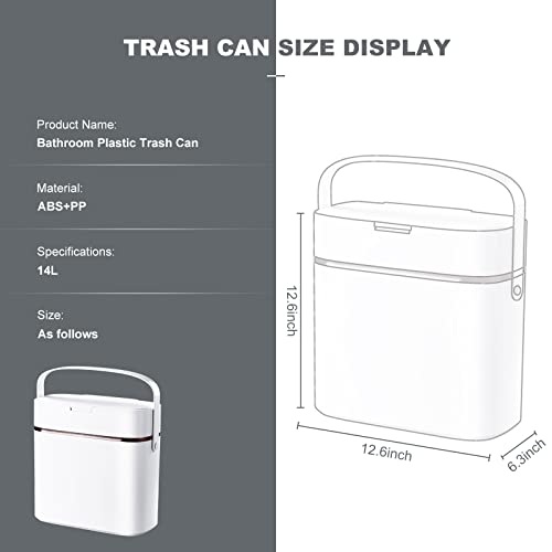 JUDRDO Small Bathroom Trash Can with Lid, Plastic Trash Can with Handle, 3.6 Gallon Bedroom Trash Can with Lid, Narrow Food Trash Can for Indoor, Bedroom, Office, RV, White