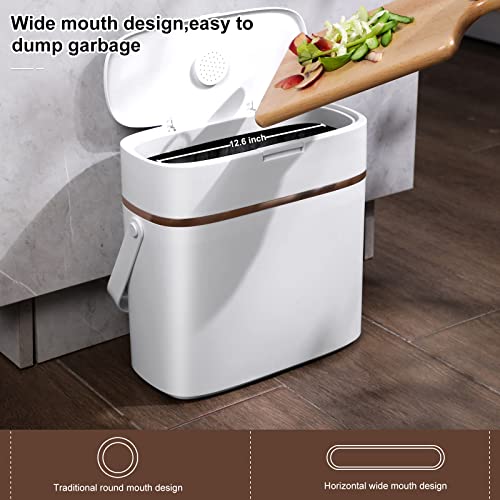 JUDRDO Small Bathroom Trash Can with Lid, Plastic Trash Can with Handle, 3.6 Gallon Bedroom Trash Can with Lid, Narrow Food Trash Can for Indoor, Bedroom, Office, RV, White