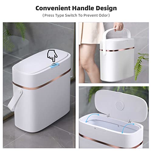 JUDRDO Small Bathroom Trash Can with Lid, Plastic Trash Can with Handle, 3.6 Gallon Bedroom Trash Can with Lid, Narrow Food Trash Can for Indoor, Bedroom, Office, RV, White