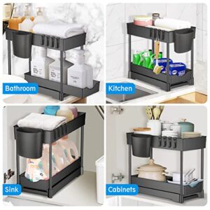 Under Sink Organizers and Storage,2 Pack 2 Tier Pull Out Drawers Sliding Under Cabinet Organizer, Bathroom Organizer Under Kitchen Sink Storage, Under Sink Shelf Baskets with 4 Cups 8 Hooks,Black