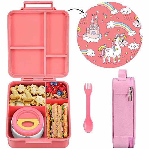 MAISON HUIS Bento Lunch Box for Kids With 8oz Soup Thermos, Leakproof Lunch Compartment Containers with 4 Compartment Bento Box, Thermos Food Jar and Lunch Bag, BPA Free,Travel, School(Unicorn)