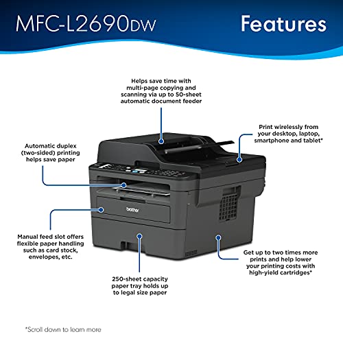 Brother MFC-L26 90DW Series Compact Wireless Monochrome Laser All-in-One Printer - Print Copy Scan Fax - Mobile Printing - Auto Duplex Printing - ADF - Print Up to 26 Pages/Min + HDMI Cable