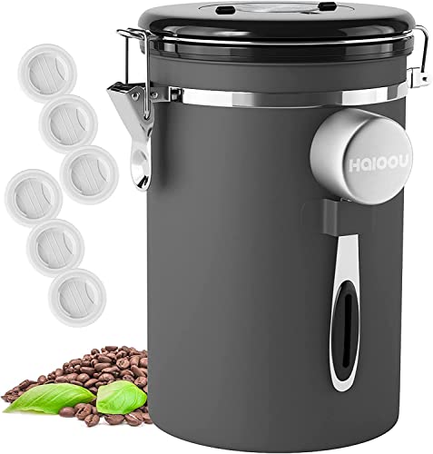 HAIOOU Airtight Coffee Canister, 22OZ Large Stainless Steel Coffee Bean Storage Container with Date Tracker, Measuring Scoop, CO2 Releasing Valves and Mini Tongs for Beans, Grounds and more - Gray