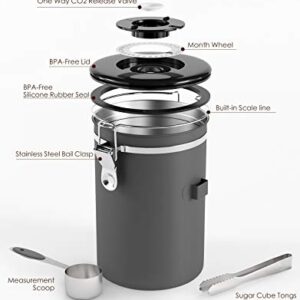 HAIOOU Airtight Coffee Canister, 22OZ Large Stainless Steel Coffee Bean Storage Container with Date Tracker, Measuring Scoop, CO2 Releasing Valves and Mini Tongs for Beans, Grounds and more - Gray