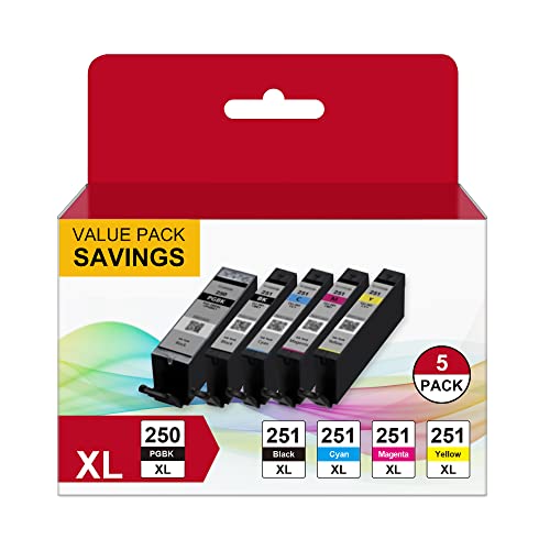 PGI-250XL CLI-251XL 5 Color Pack Compatible Replacement for Canon 250 251 Ink Cartridge to use with PIXMA MX922 MX920 IX6820 IP8720 MG5420 MG5520 MG6620 Printer (PGBK, Black, Cyan, Magenta, Yellow)