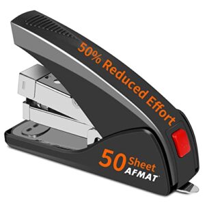 stapler for desk, 50 sheet effortless stapler, desktop stapler staple with one finger, portable handheld ergonomic stapler heavy duty, built-in staple remover, space save size, good for home & office