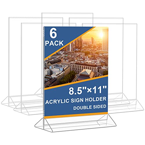 Acrylic Sign Holder 8.5 x 11 Vertical Double-Sided Flyer Display Stands, Plastic Table Menu Stand, Clear Picture Paper Frames for Office Home Store Restaurant 6Pack