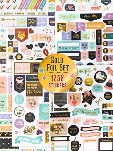 Aesthetic Gold Foil Planner Stickers - 1250+ Stunning Design Accessories Enhance and Simplify Your Planner, Journal and Calendar