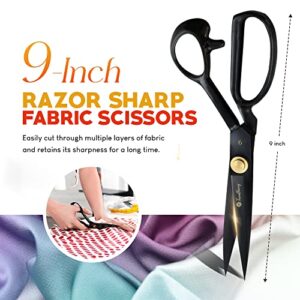 Fabric Scissors Professional (9-inch), Premium Scissors for Fabric Cutting with Bonus Measuring Tape - Made of High Density Carbon Steel Shears, Sewing Scissors for Fabric, Leather, Thin Metal, etc.