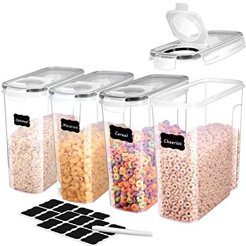 ME.FAN Cereal Storage Containers [4 Set] Airtight Food Storage Containers 4L(135oz) - Large Kitchen Storage Keeper with 24 Chalkboard Labels - BPA Free, Easy Pouring Lid (Black)