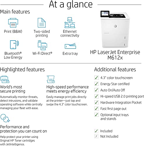 HP Laserjet Enterprise M612x Single-Function Wireless Monochrome Laser Printer, White - Print only - 4.3" Touchscreen, 75 ppm, 1200 x 1200 dpi, Auto Duplex Printing, Ethernet - Cbmou External Webcam